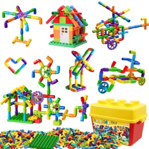 burgkidz stem learning pipe tube toy, sensory toys, tube locks construction building blocks, educational stem building learning toys with wheels baseplate for all ages kids boys girls, 188 pcs