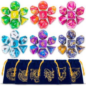 esanda dnd dice set, 42pcs polyhedral dice d&d dice with 6 blue drawstring bags, 6 complete double-colors dice sets for dungeons and dragons rpg mtg table games etc