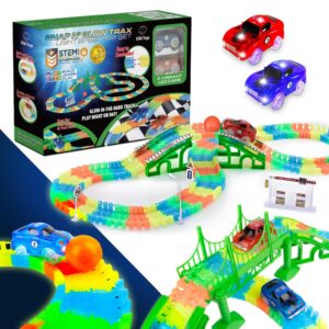 usa toyz glow in the dark car race tracks for kids- speedway race car track set with 360pk rainbow flexible roads, 2 light up toy cars, bridges, ramps, stem building toys for boys and girls ages 3+