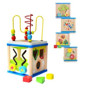 dalosdream wooden activity cube with bead maze - 6 in 1 multipurpose educational wood shape color sorter toy for toddlers, activity center for kids (6 in 1)