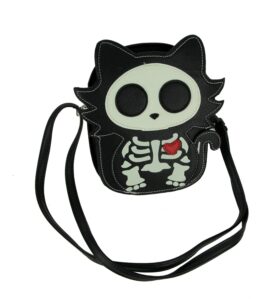 black glow in the dark skeleton cat crossbody purse small