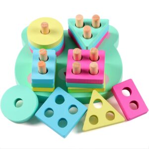 lewo toddler toys wooden puzzles stacking toy shapes sorter preschool shape color recognition educational toys for kids 2 3 4 5 years old