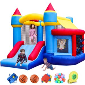 retro jump inflatable bounce house, bouncy house for kids outdoor, inflatable kids bounce house with jumping ball pit & basketball hoop, ocean balls, blower, patch kits, stakes, carrying bag