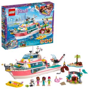 lego friends rescue mission boat 41381 toy boat building kit with mini dolls and toy sea creatures, rescue playset includes narwhal figure, treasure box and more for creative play (908 pieces)