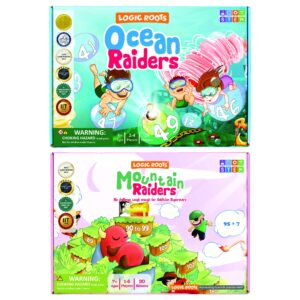 logic roots addition games - pack of 2, mountain raiders and ocean raiders, math board games and stem toys for 5- 9 year olds, educational gift for kids, homeschoolers, kindergarten and up