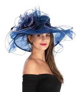 women's organza church kentucky derby british fascinator bridal tea party wedding hat summer ruffles cap (h5-navy line)