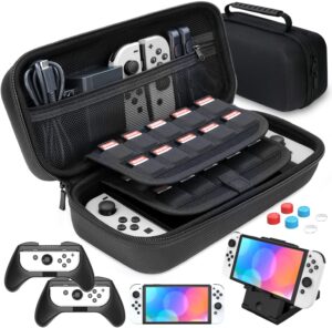 heystop switch case / switch oled case accessories compatible with nintendo switch & oled model, carry case with joycon grip / playstand / thumb grips caps for nintendo switch & oled model, black