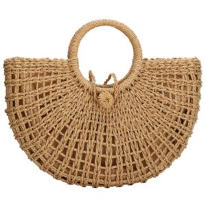 round straw bag rattan crossbody bag handwoven natural summer beach shoulder bag for women (khaki)