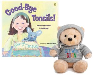 tonsillectomy gift get well soon teddy bear with goodbye tonsils children's book gift set, kids tonsillectomy recovery - blue gray hoodie