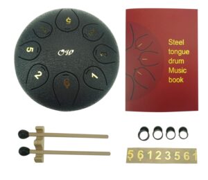 6 inches c major steel tongue drum black 8 notes tank drum with couple of mallets, beautifully finished and peaceful sound, ideal for meditation and healing, easy to learn and play,christmas gift idea