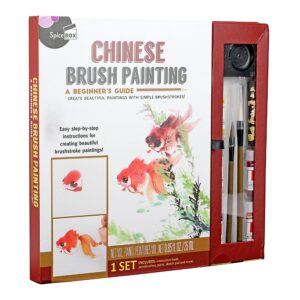 spicebox masterclass chinese brush painting kit for adults, diy learn to paint arts and crafts hobby set, includes watercolor paints, book, paintbrushes, ink stone, ink stick, sketch pad