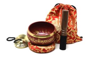 5" tibetan meditation yoga singing bowl set with free om tingsha cymbals,wooden mallet silk cushion and carry bag from nepal, singing bowls.