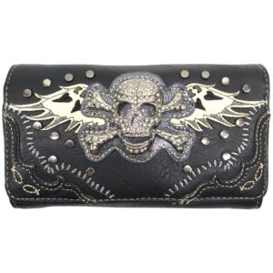 justin west women's rhinestone skull crossbones with angel wings shoulder handbag (black wallet only)