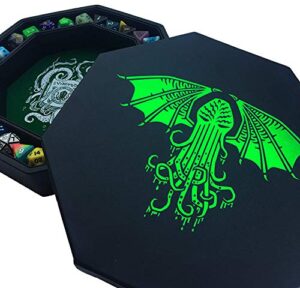 fantasydice-cthulhu tome-green - dice tray - 9" octagon with lid and dice staging area- holds 5 sets(7 dice set/standard) for all tabletop rpgs like d&d, call of cthulhu, shadowrun.