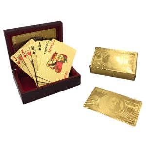 yuanhe gold deck of cards - waterproof playing cards luxury playing cards with wooden gift box,great for poker cards game, game nights and casino party