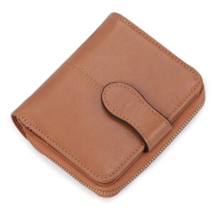 yafeige small wallet for women rfid blocking leather compact bifold pocket wallet cute zipper card case purse(apricot)