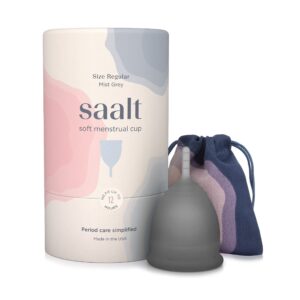 saalt soft menstrual cup - super soft and flexible - best sensitive cup - wear for 12 hours - tampon and pad alternative (grey, regular)