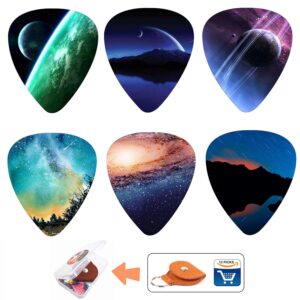 unique guitar picks 12 medium gauge pack with picks holder and plastic picks box, sunlp fairyland galaxy themed guitar cool picks for bass electric guitar acoustic guitar lovers guitarists gift