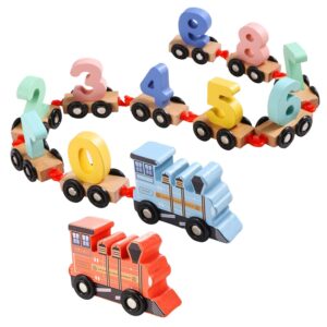 efoshm wooden train toy set 12pcs-train cars digital toy set-toy train sets for kids toddler boys and girls