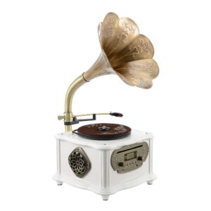 white vintage classic home decoration retro antique gramophone phonograph turntable vinyl record player stereo speakers system control 33/45 rpm fm aux usb cd ouput bluetooth 4.2 (white)