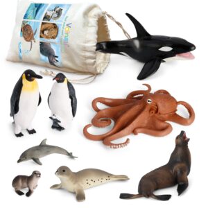 volnau sea creature toys figures 8pcs antarctica ocean animals figurines for toddlers kids christmas decoration fish gift plastic preschool pack and bath penguin killer whale set