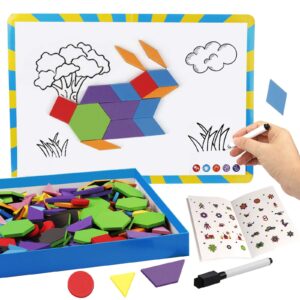 vanmor 216pcs magnetic pattern blocks set complete with 298 pattern book & magnet board, magnetic shapes for kids, educational montessori tangram toy for children aged 3-8