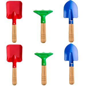 kids gardening tools set, 6pcs gardening tools for kids metal with sturdy wooden handle safe gardening tools 8" children beach sandbox toy