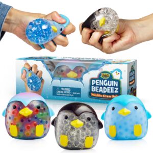 penguin stress balls 3-pack - squishy squeeze fidget ball set for stress relief, autism, adhd - cute penguin lovers gift - includes blue, black, colorful animal squishies - fun & relaxing to squish