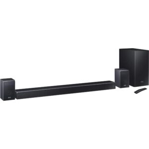 samsung harman kardon 7.1.4 dolby atmos soundbar hw-q90r with wireless subwoofer and rear speaker kit, adaptive sound, game mode, 4k pass-through with hdr, bluetooth & alexa compatible (hw-q90r/za)