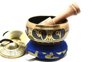 3.75" exquisite tibetan singing bowl set for meditation ~ mantra symbols painted ~ om nava sivaya tingsha cymbals~ silk cushion & wooden mallet included ~handmade in nepal by thamelmart