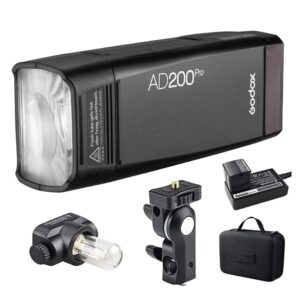 godox ad200 pro ad200pro 200ws 2.4g flash strobe, speedlight 1/8000s hss, 500 full power flashes, 0.01-1.8s recycling, 2900mah battery, bare bulb/speedlite fresnel flash head, pocket flash monolight