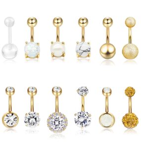 masedy 12pcs belly button rings for women surgical steel curved navel barbell rings body piercing jewelry gold