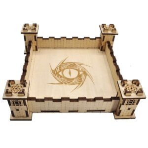 diy wood square dice holder cool 3d castle design carved dragon eye - easy rolling dice tray for dnd, rpg and board game