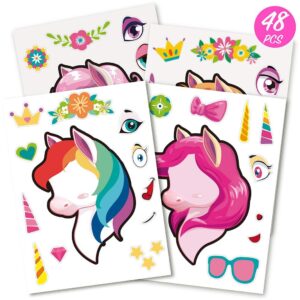 mocoosy 48pcs unicorn stickers for girls age 4-6, unicorn party favors art crafts for toddlers 3-5, make your own face stickers birthday game activities, goodie bag stuffers kids valentine's day gifts