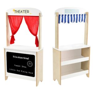 labebe - wood puppet theater, flannel curtain puppet stage theater, 2-sided tabletop puppet stage chalkboard, 2-in-1 puppet theater reversible play store, multi-function theater for ages 3 and up