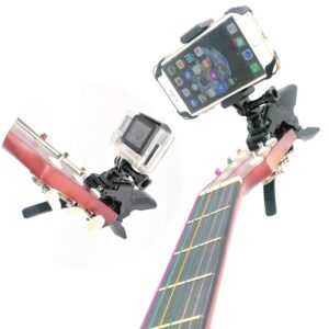 combo camera and cell phone music mount - ukelele guitar headstock mobile phone clamp clip mount for smartphones and gopro action cameras ~ close up home recording - work for any microphone stands