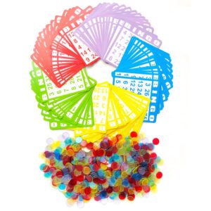 yh poker yuanhe bingo cards game set - includes 100 bingo cards and 1000 colorful transparent bingo chips, great for bingo games,card games, school classroom games,family gathering activity