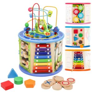 kiddery toys wooden activity cube for toddlers 1-3 with bead maze - birthday gift busy baby activity cube for 6-month-old baby