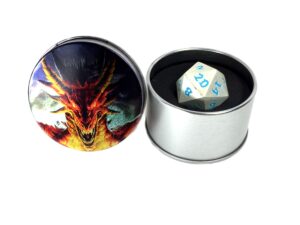 druid forge 35mm d20 dragon egg dice - moonlight blue - brushed silver with bright blue numbers