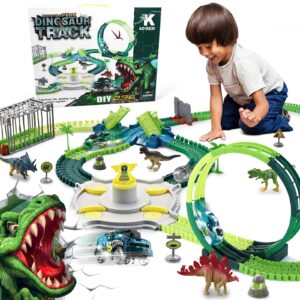 236 pcs dinosaur toys race track, create a dinosaur world road,flexible 360° train tracks playset with turntable playset, christmas birthday gifts for 3 4 5 6 7 years old boys girls kids