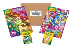 crayola uni-creatures & cosmic cats coloring book set - 2 pack (96pgs), animal sticker sheet, metallic crayons & glitter crayons