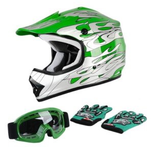 tct-motorparts dot motorcycle four wheeler riding racing helmet youth kids motocross atv helmets offroad street dirt bike go-kart bmx mx full face helmet green flame medium size