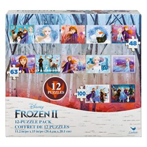 spin master disney frozen 2, 12-pack jigsaw puzzles for girls & boys princess elsa anna olaf winter snow movie toy merch party favor, for kids ages 4 and up