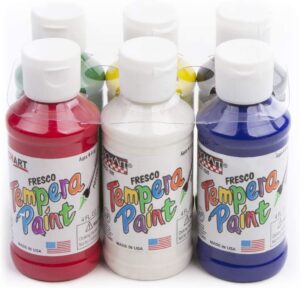 rich art fresco tempera paint for kids - vibrant, premium craft paint in primary colors - non toxic paint for paper, poster board, canvas, & more - made in the usa - 4 fl oz (6 pack)