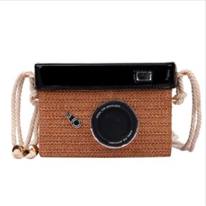 tendycoco crossbody bag camera shaped straw woven bag mini shoulder bag for women (brown)