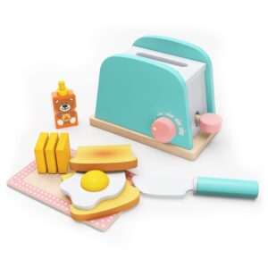 toy kitchen wooden pop-up toaster play set 10 pcs, interactive early learning toaster, exclusive chopping board, knife, poached egg honey bear and sliceable butter, fun and colorful for girls and boys