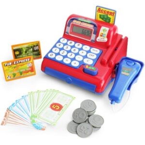 boley toy cash register with scanner - red and blue toddler cash register toy for kids with calculator and toy credit card reader