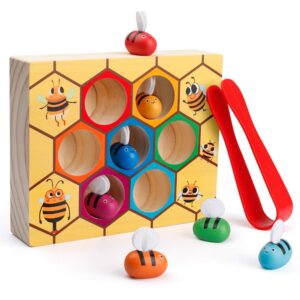 coogam toddler fine motor skill toy, clamp bee to hive matching game, montessori wooden color sorting puzzle, early learning preschool educational gift toy for 3 4 5 years old kids