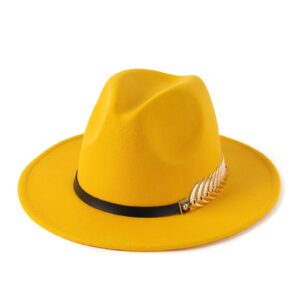 hudanhuwei women's wide brim fedora panama hat with metal belt buckle w yellow