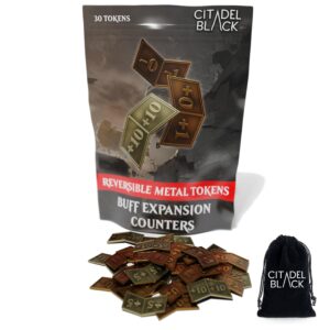 citadel black mtg buff counters expansion set of 30 metal tokens - with velvet drawstring pouch, antique gold & copper finish metal tokens, magic: the gathering